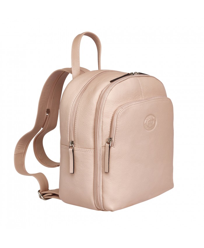 London Leathergoods Triple Zip Round Backpack with Back Zip in Pebble ...